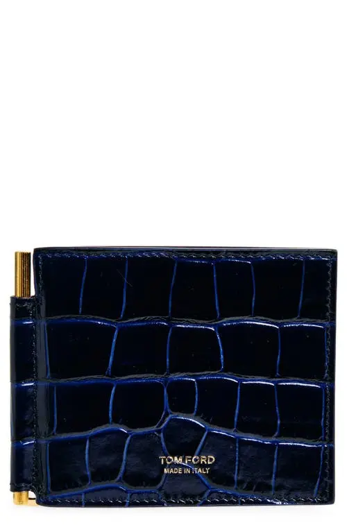 Tom Ford T-Line Croc Embossed Leather Money Clip Wallet - Royal